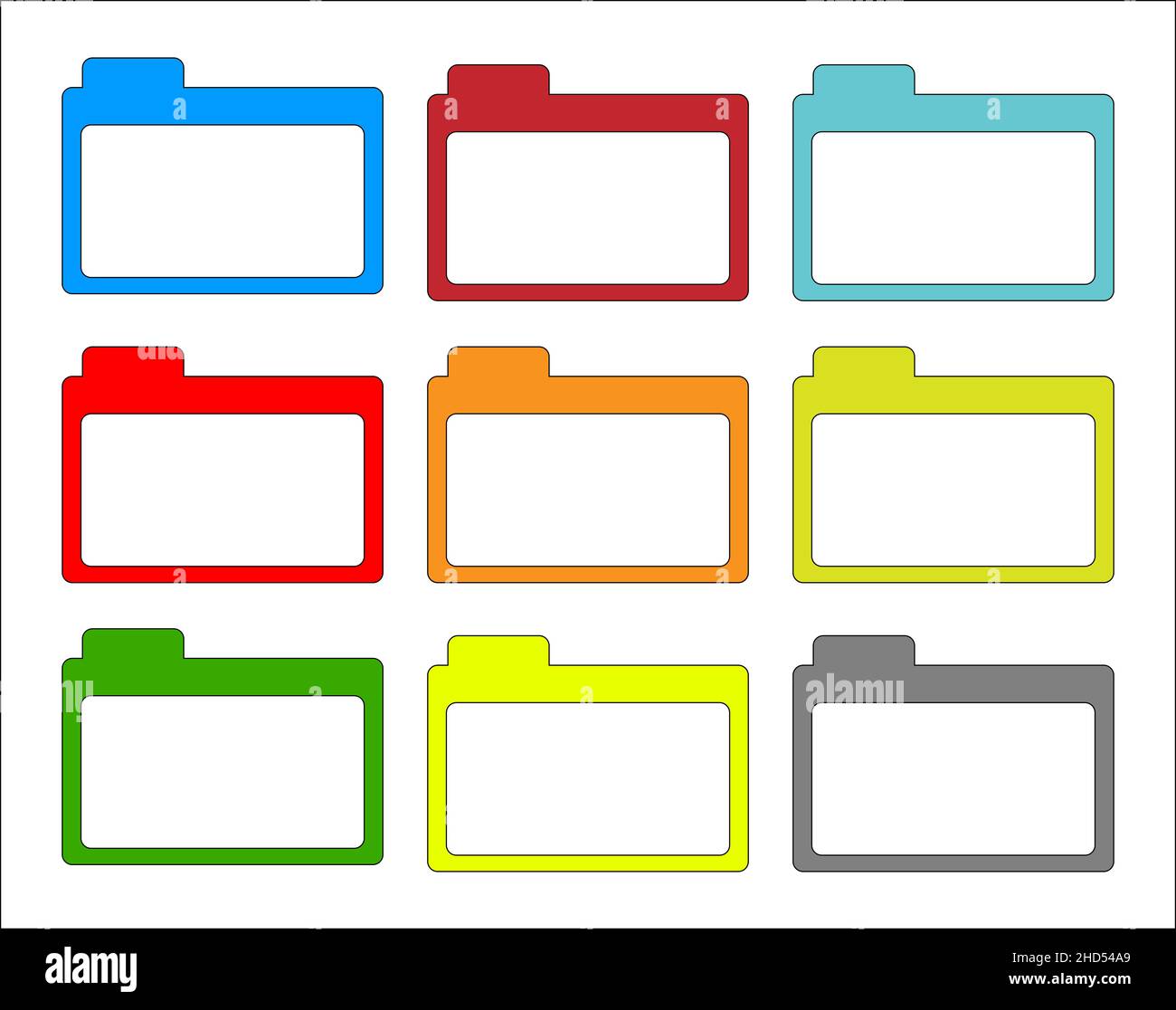 A Collection Of 9 Colored Computer File Folders Set Over A White 