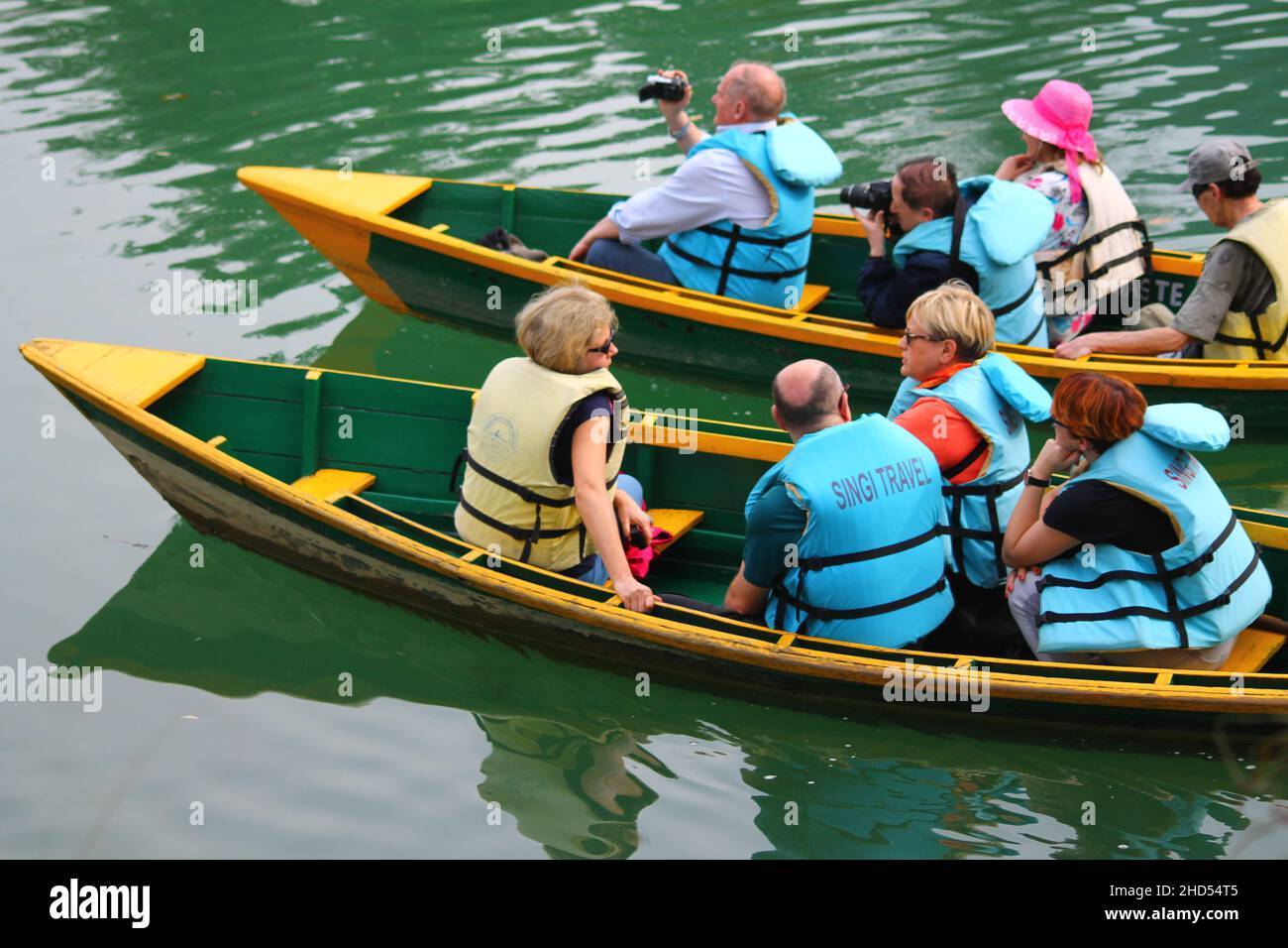 Group of tourists on a boat tour in Fewa Lake in Pokhara, Nepal Stock ...
