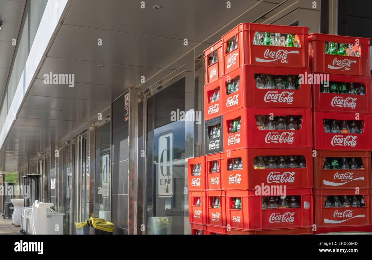 Palma de Mallorca, Spain; january 02 2022: Boxes with empty glass soft ...