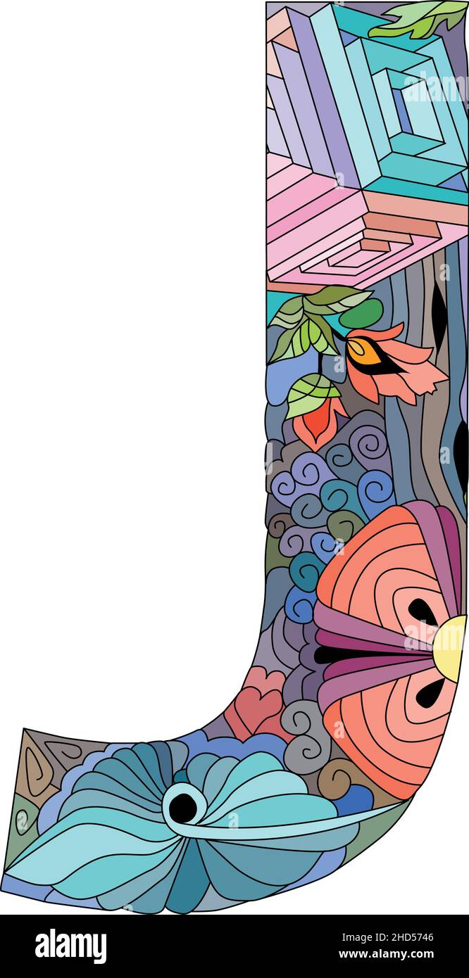 Zentangle stylized alphabet - letter J for coloring. Vector ...