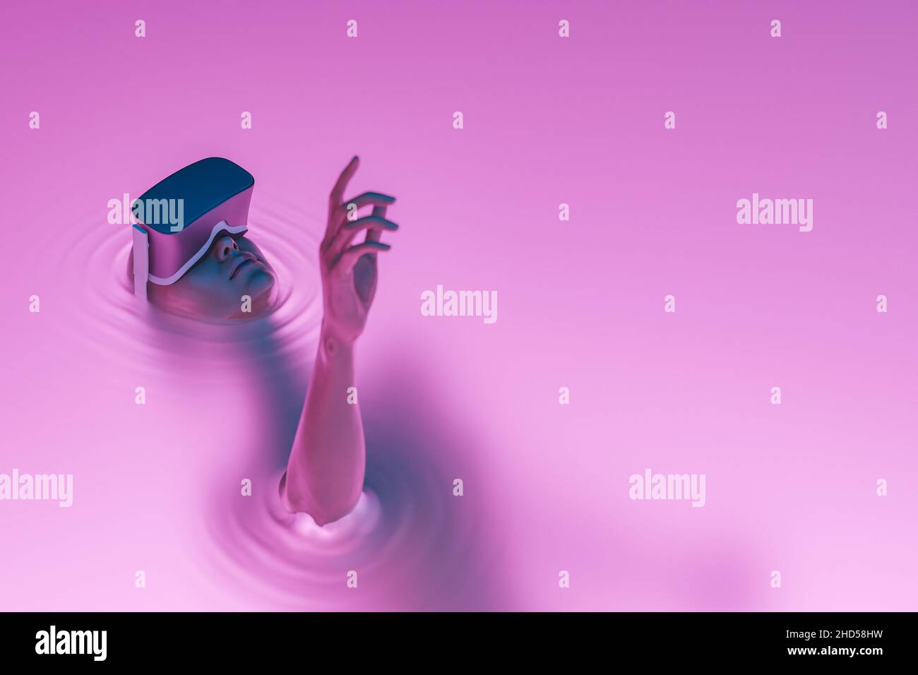 surrealistic scene of a girl with VR glasses immersed in liquid with ...