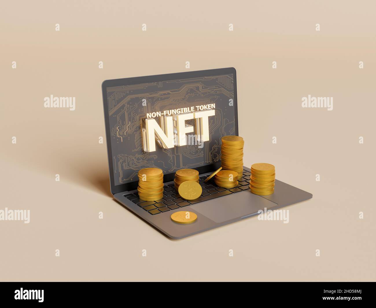 laptop with the word NFT illuminated on the screen and bitcoin stacks ...