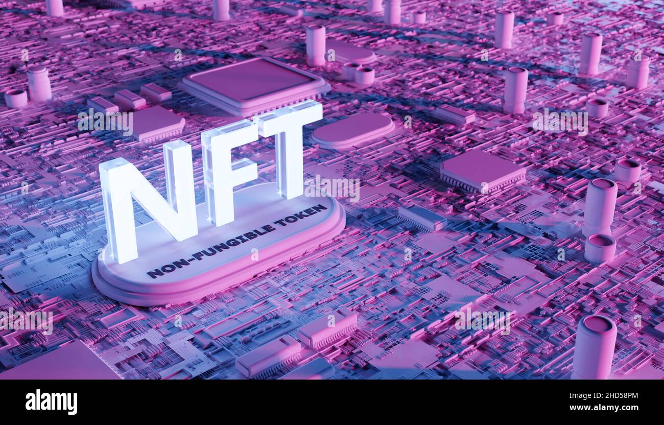 NFT word on a motherboard full of components and neon lighting ...