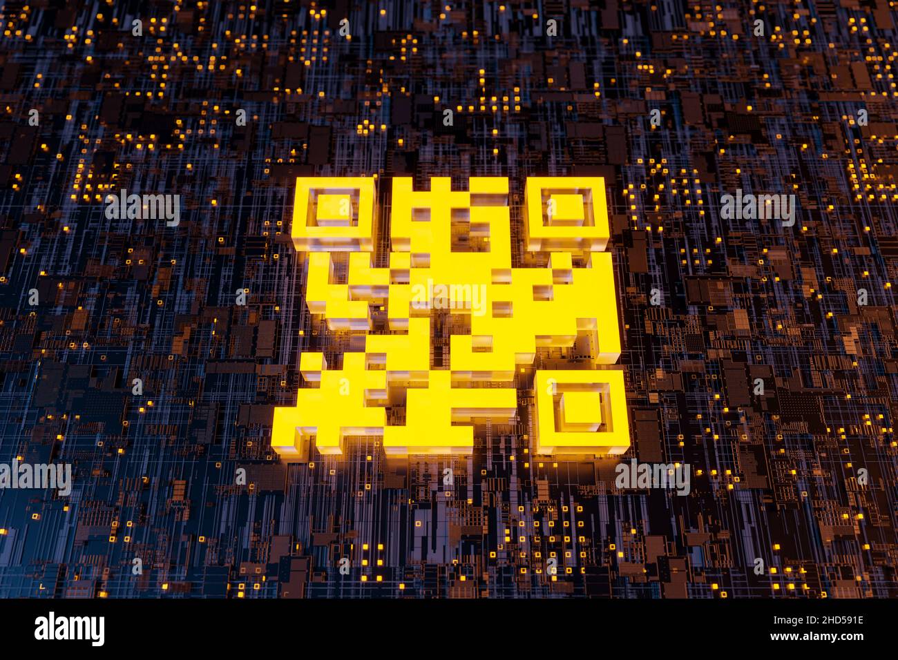 3d QR code on abstract electronic board. technology concept, link ...