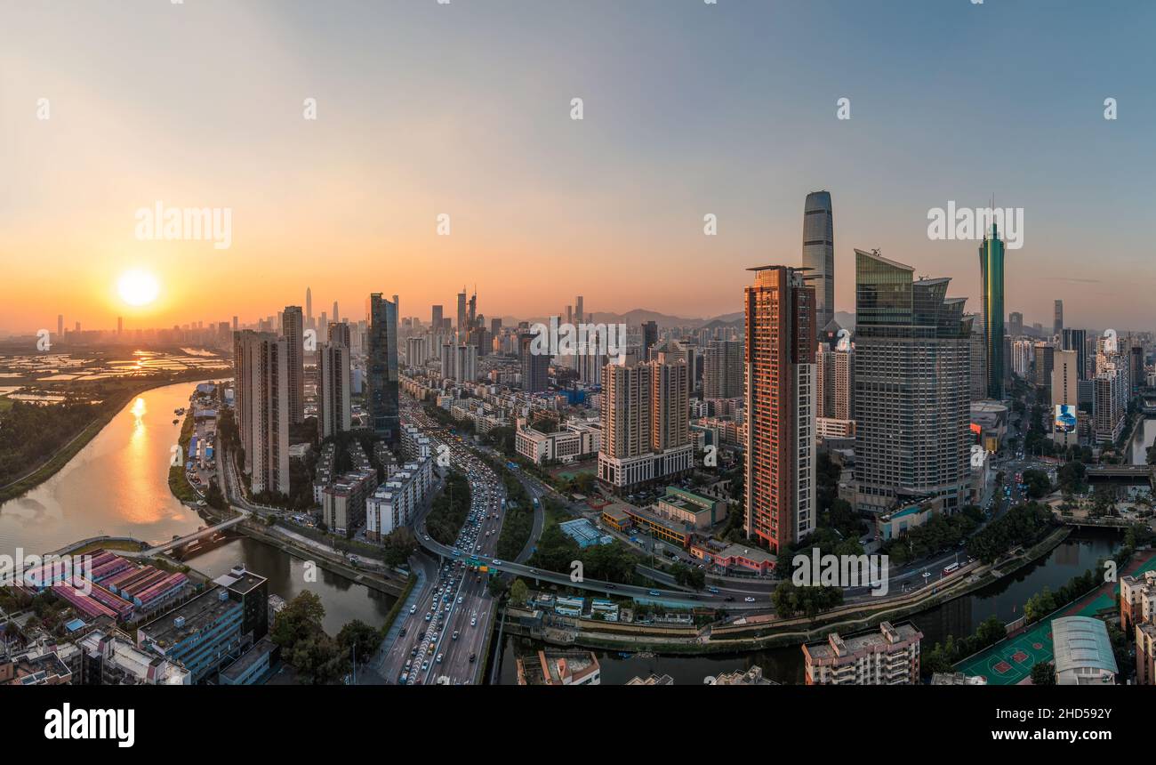 Beautiful sunset view of the buildings in Futian CBD, Shenzhen, China ...