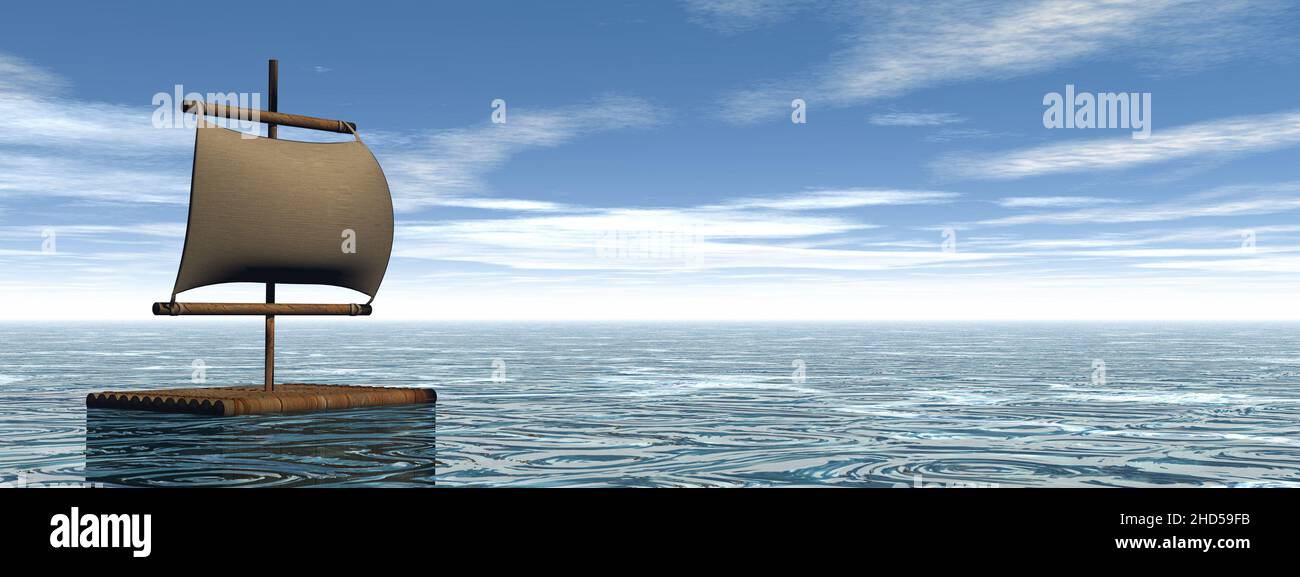 Wooden raft lost in the ocean - 3D render Stock Photo - Alamy