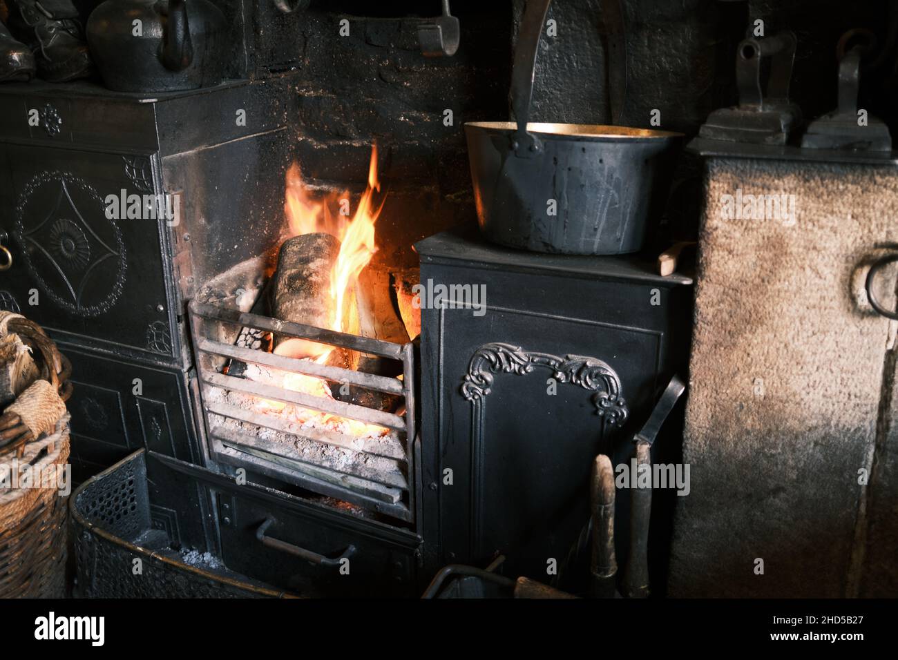 A vintage Victorian range and fireplace burning in a Yorkshire pub ...