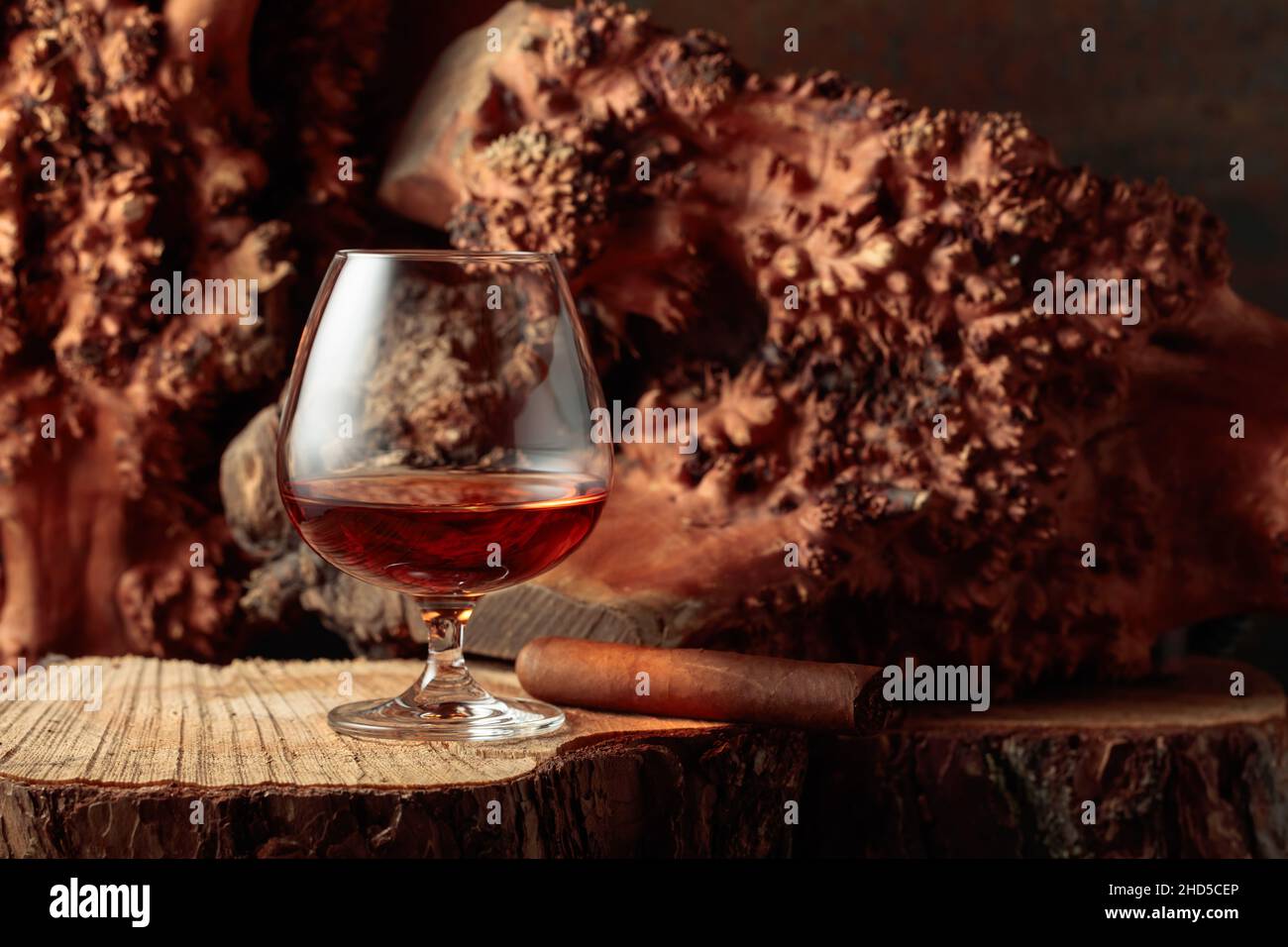 Snifter of brandy and cigar on an old dried stump. Copy space Stock ...