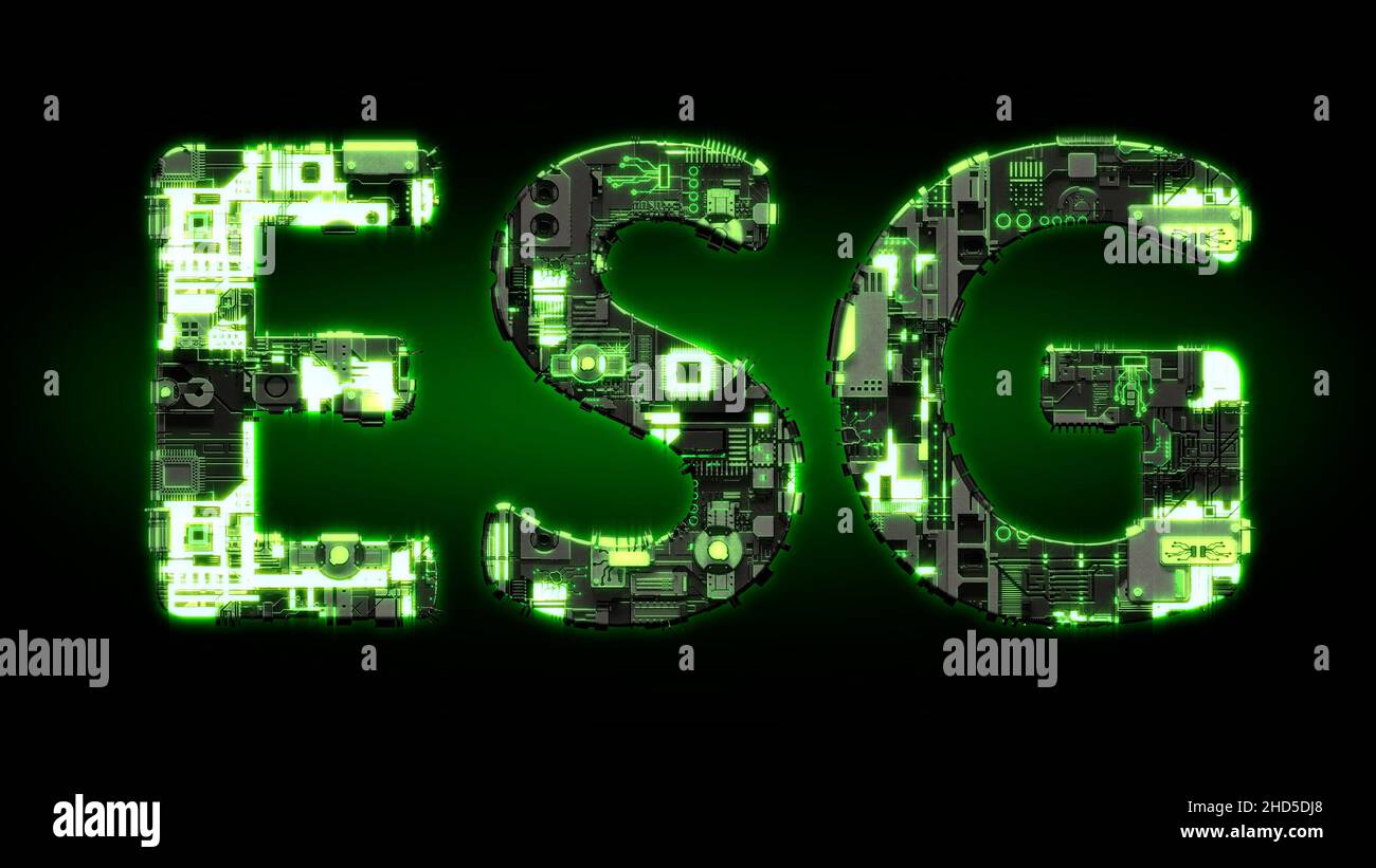 ESG glowing dark green cyber text on black, isolated - industrial 3D ...
