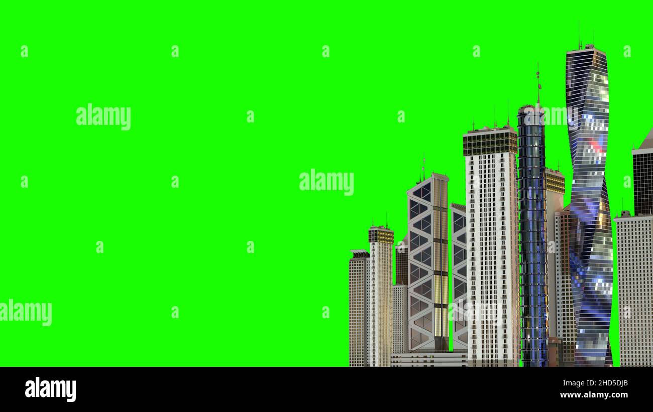 skyscrapers buildings, city district on green screen, isolated, fictive ...