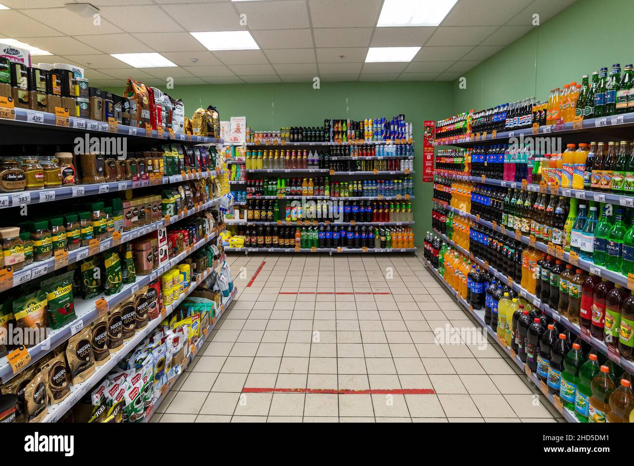 Moscow, Russia - Dec 26. 2021. Coffee and sodas in Pyaterochka store ...