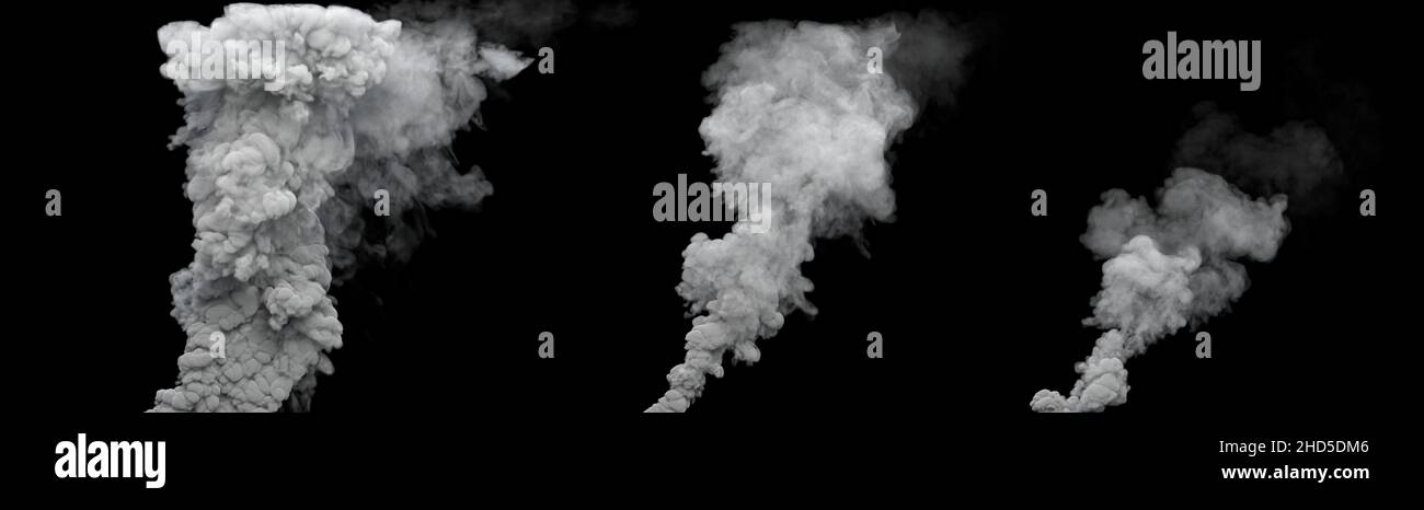 3 white toxic smoke columns from power station on black, isolated ...