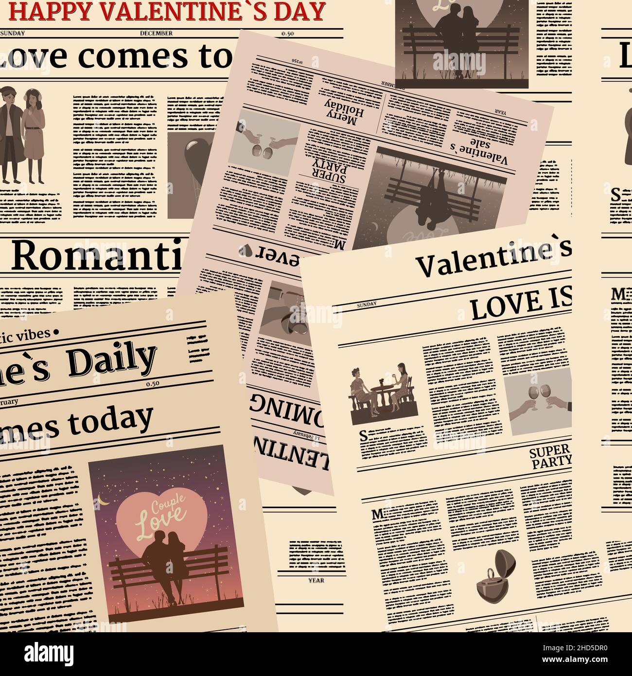 Valentine's day newspaper seamless pattern. Background with title ...