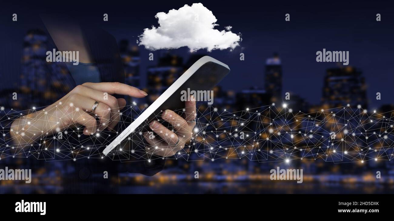Cloud computing technology internet concept background. Hand touch ...