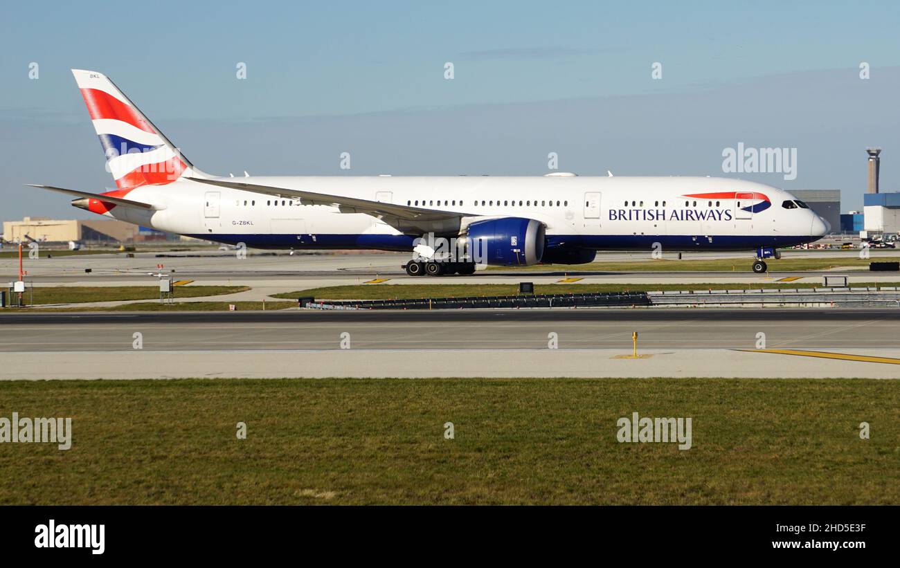 British Airways Boeing 787 on the runway after landing at Chicago O ...