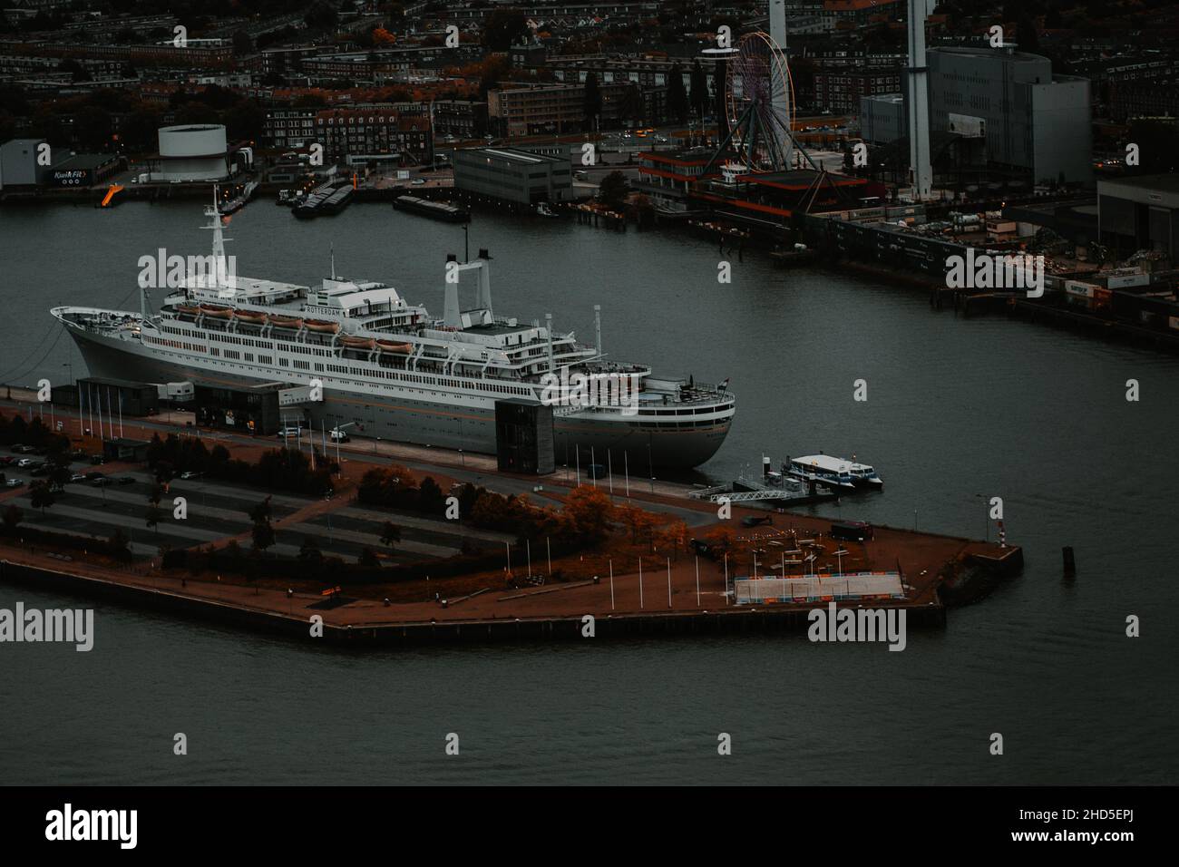Bird's eye view of a cruise ship in the harbor in Rotterdam, the ...