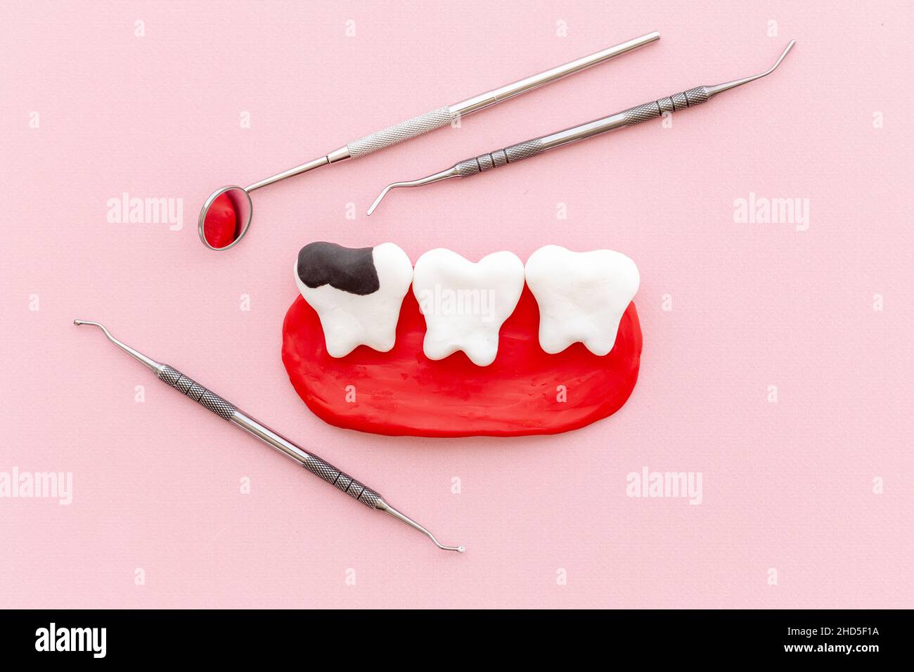 Oral health and care concept with teeth models with dentist tools Stock ...