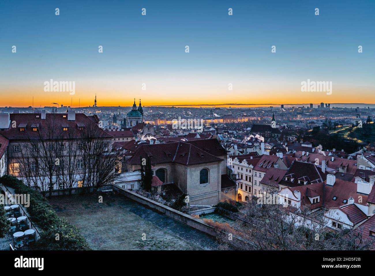 Prague panorama and St. Nicholas church at sunrise,Czech Republic ...