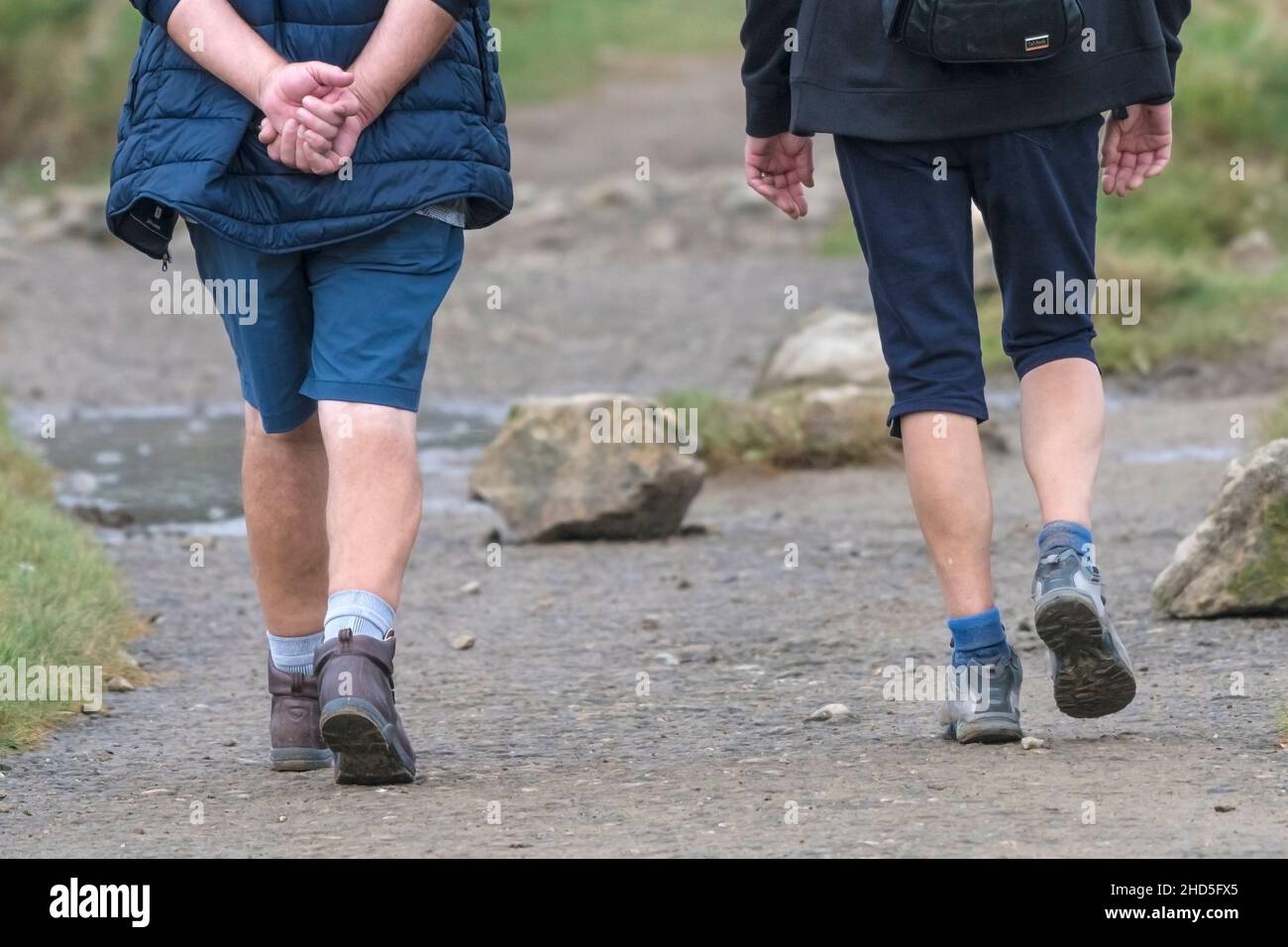 A rear view of walkers walking along a footpath in the countryside ...