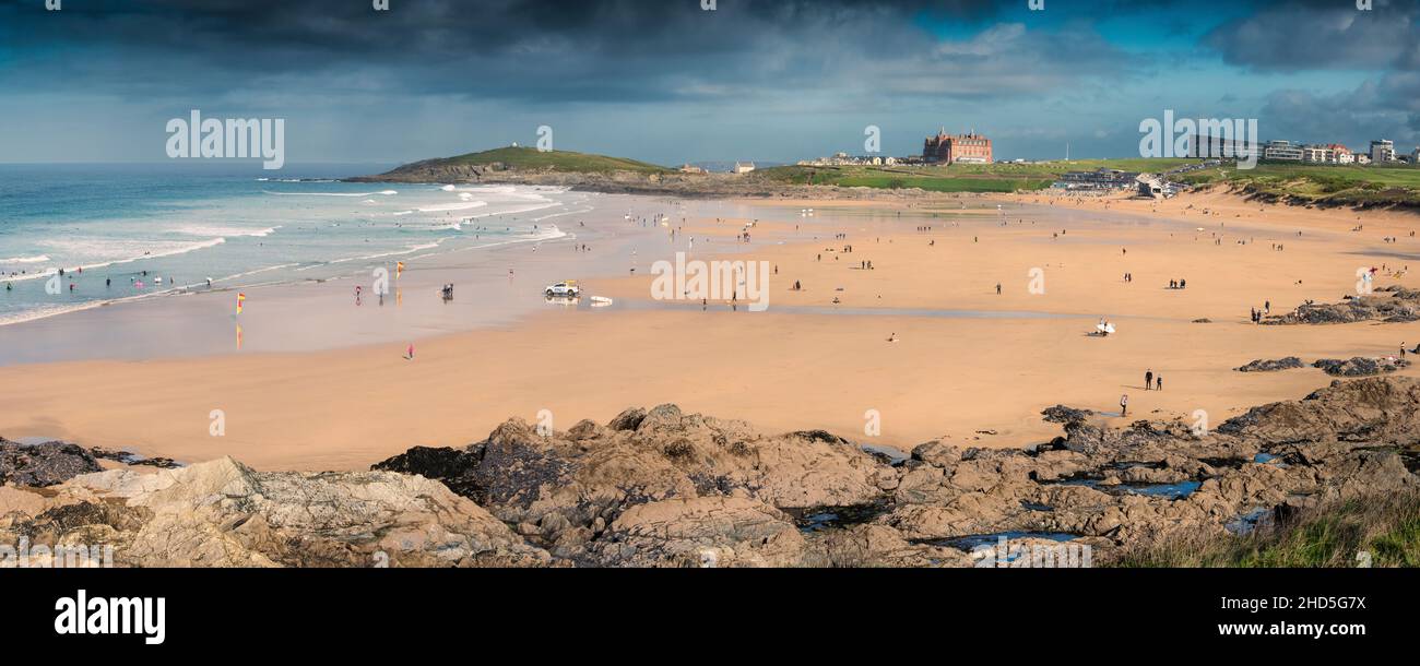 A panoramic view of Fistral Beach at low tide seen from South Fistral ...