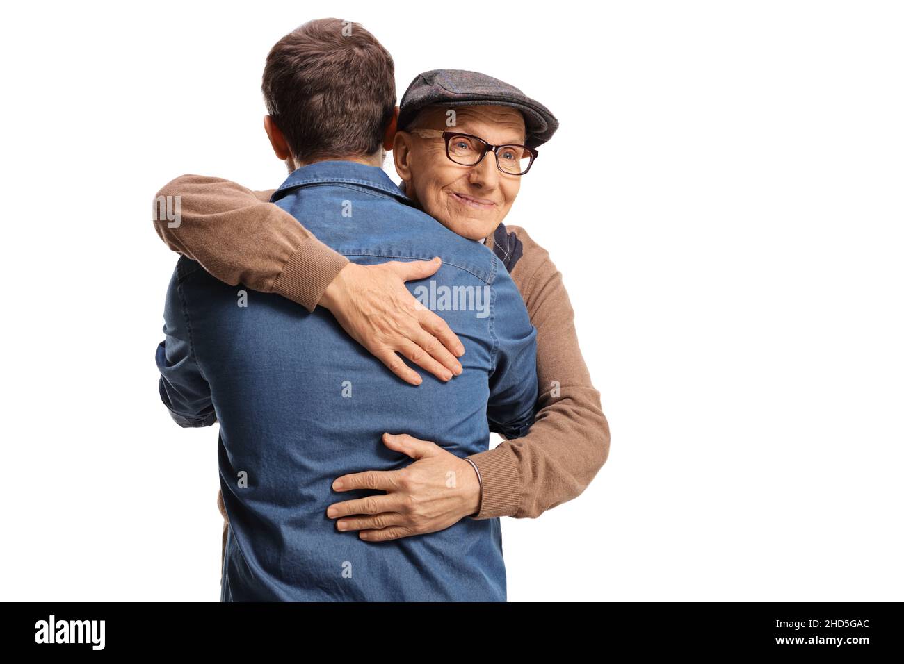 Elderly and young man hugging each other isolated on white background ...