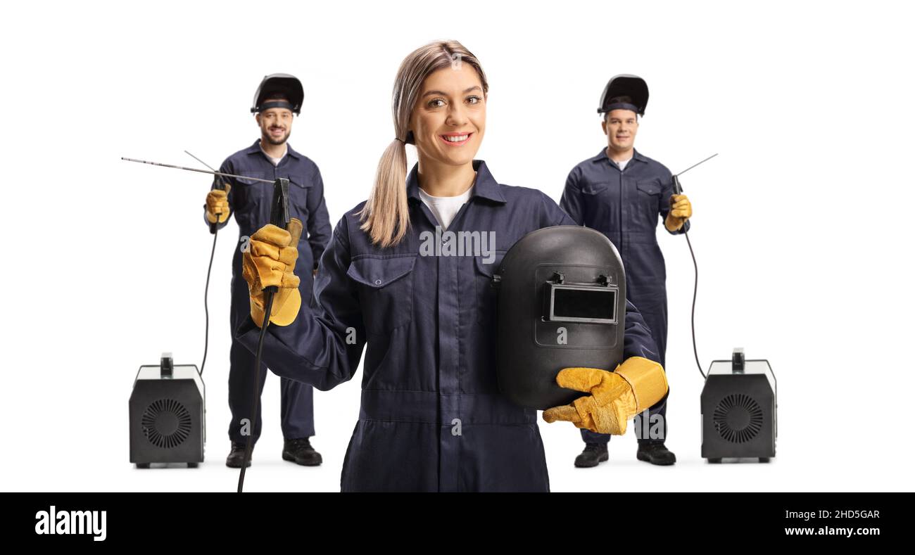 Two male and one female welders with welding machines isolated on white ...