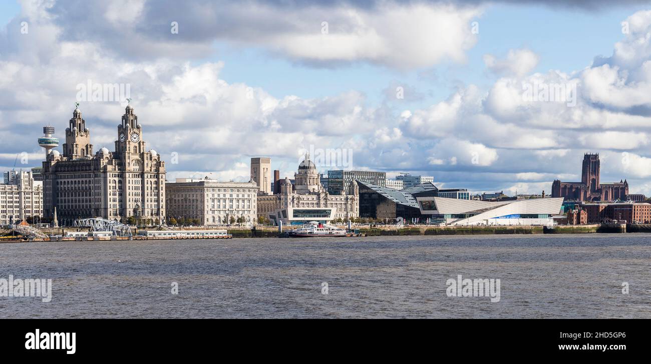 Panorama of the Liverpool waterfront from the Seacombe promenade on the ...
