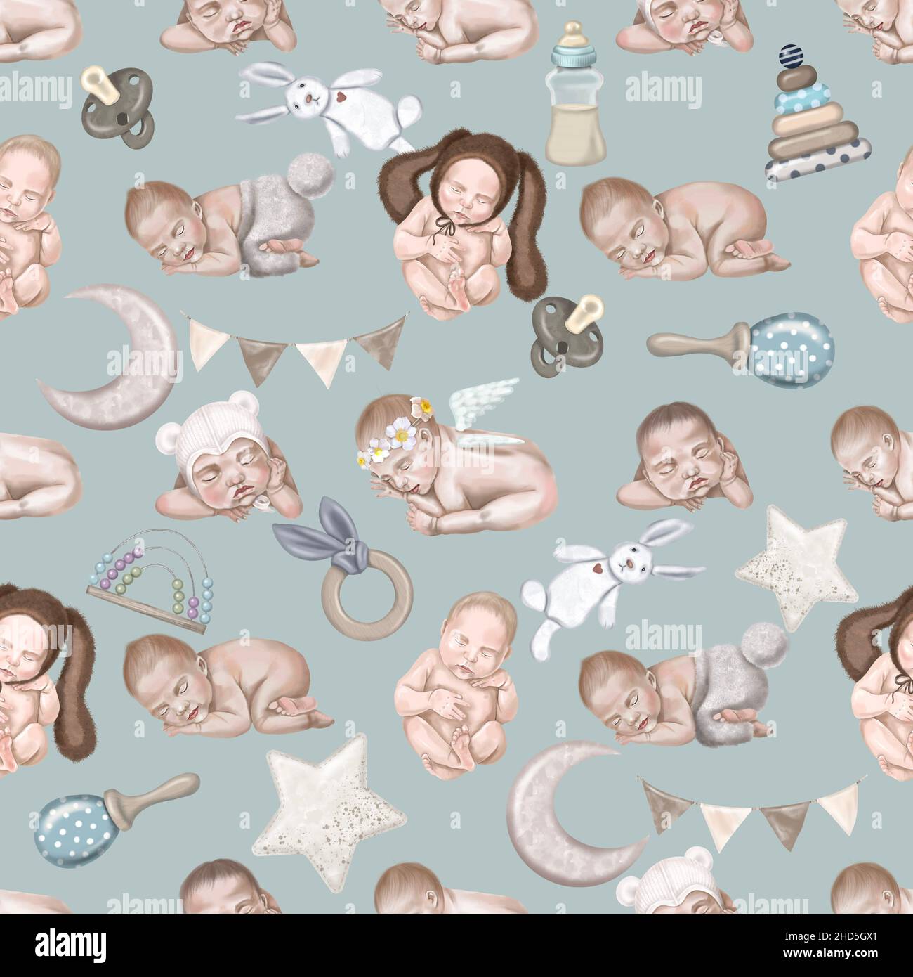 watercolor seamless pattern of newborn babies. Baby Shower Boho Stock ...