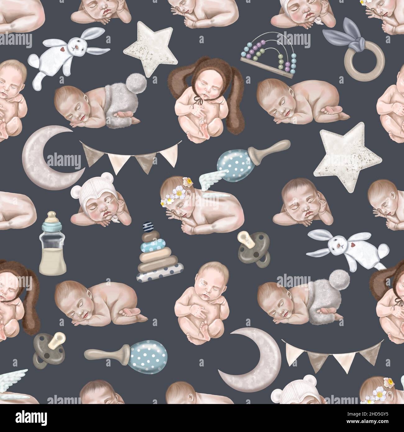 watercolor seamless pattern of newborn babies. Baby Shower Boho Stock ...
