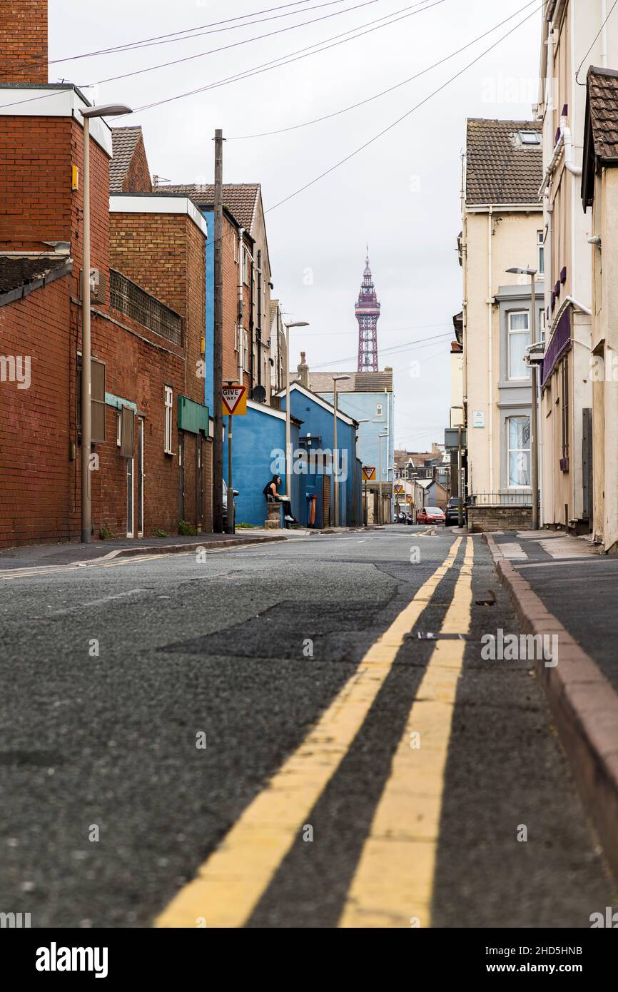 A typical back street in Blackpool leading towards Blackpool Tower ...