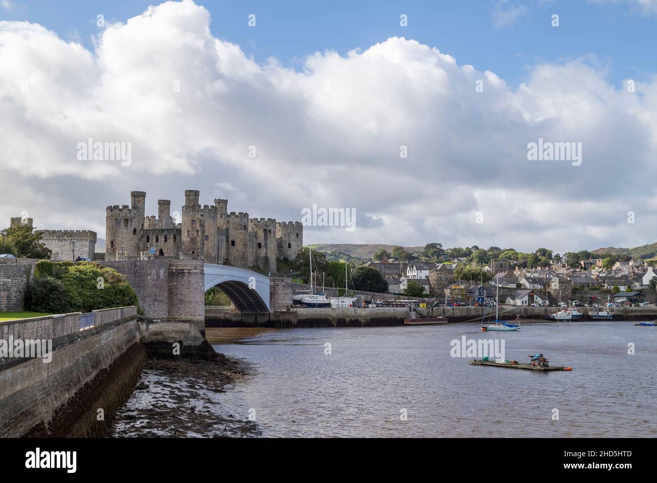 Conwy Castle and harbour panorama Stock Photo - Alamy