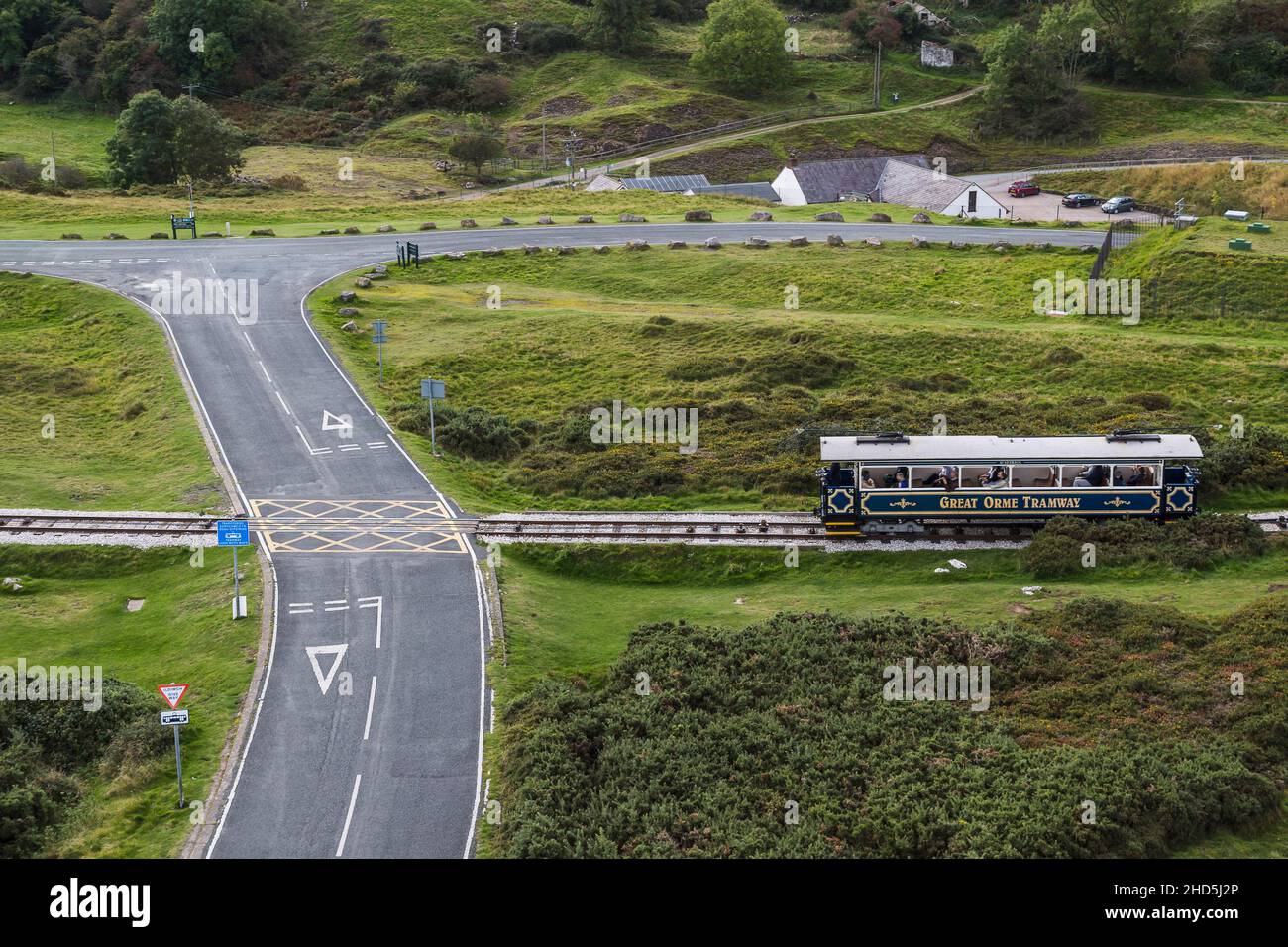 Tram on the Great Orme crossing the road Stock Photo - Alamy