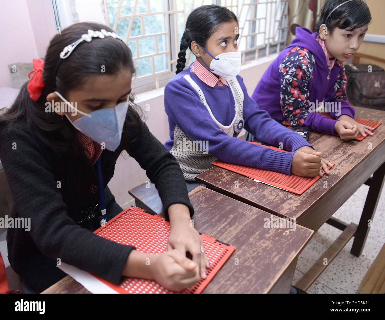 Agartala. Tripura, India. 3rd January 2022. Blind students are writing ...