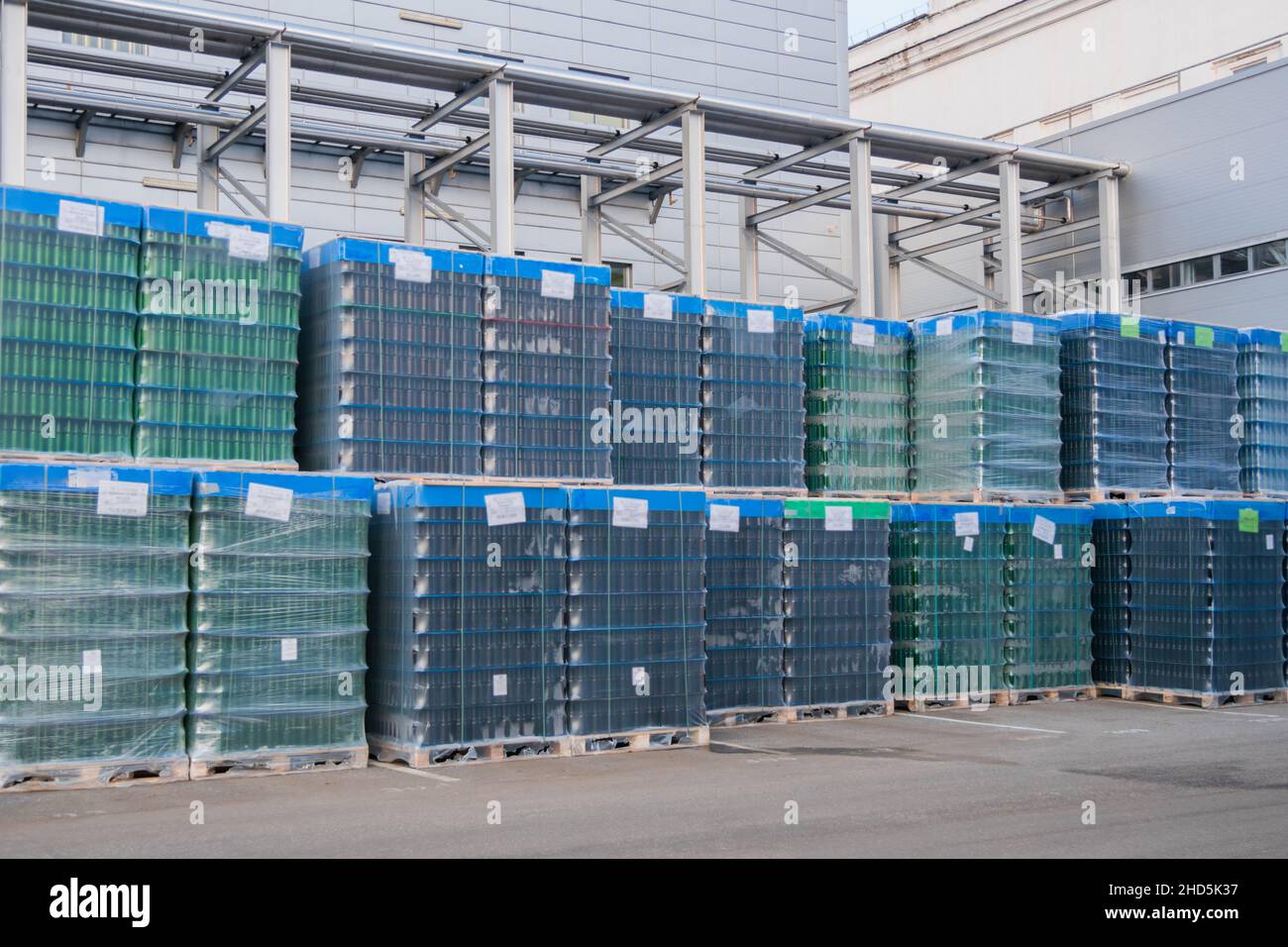 Outdoor bottle storage, finished product of beer factory Stock Photo ...