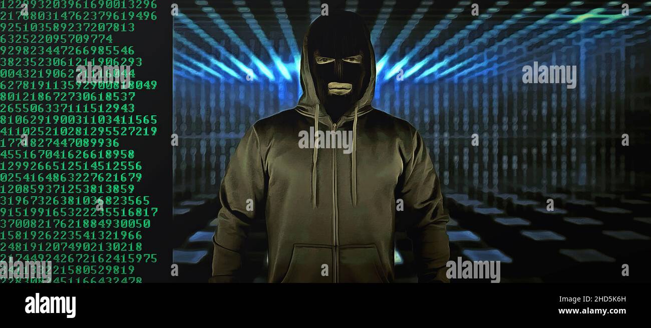 Cybercriminal on a futuristic background. Virtual reality. Wide ...