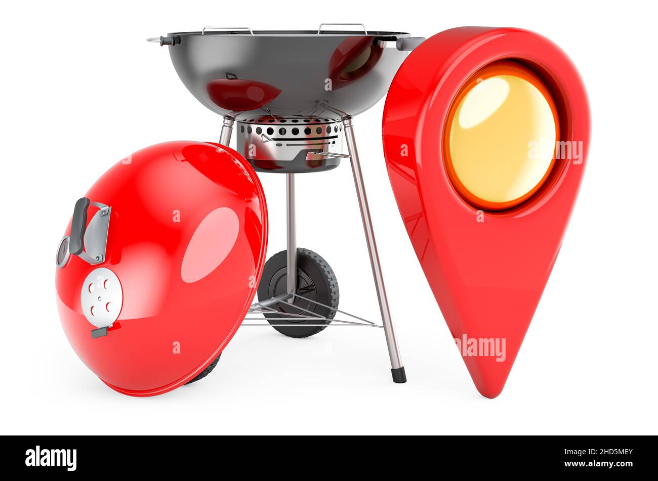 Barbecue grill with map pointer. 3D rendering isolated on white ...