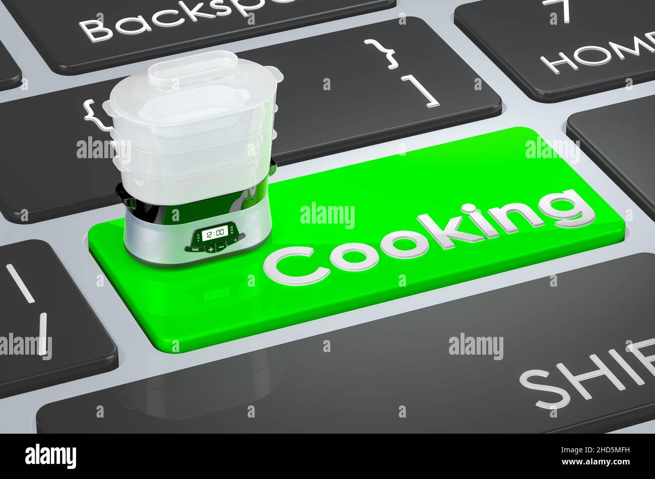 Cooking green key. Food steamer on keyboard. 3D rendering Stock Photo ...