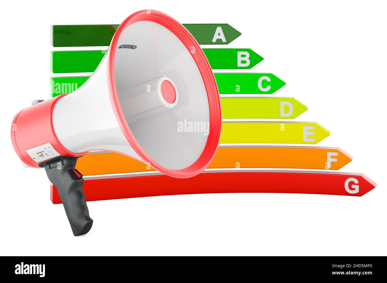 Megaphone with energy efficiency chart, 3D rendering isolated on white ...