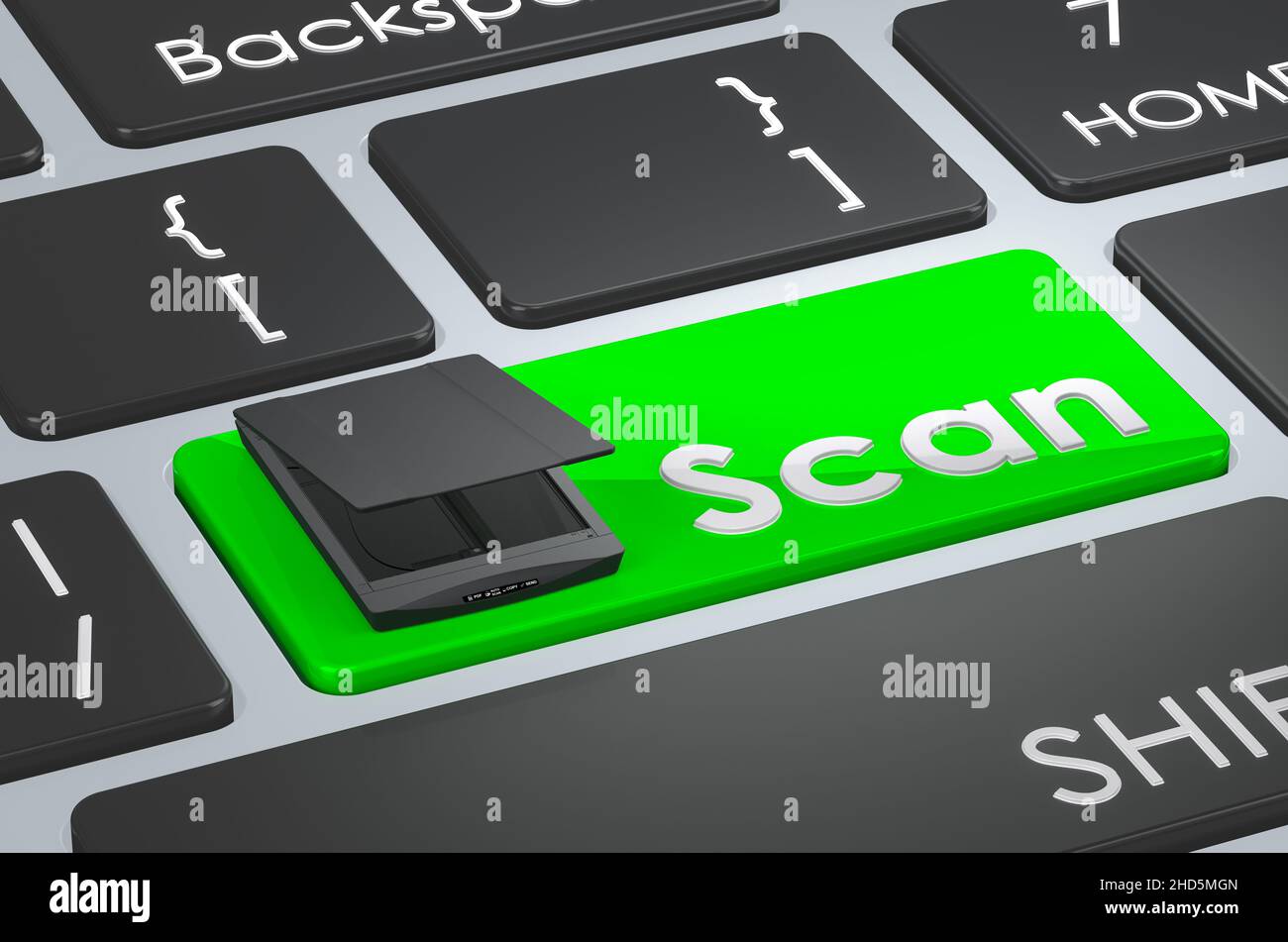 Scan green key. Flatbed scanner on keyboard. 3D rendering Stock Photo ...