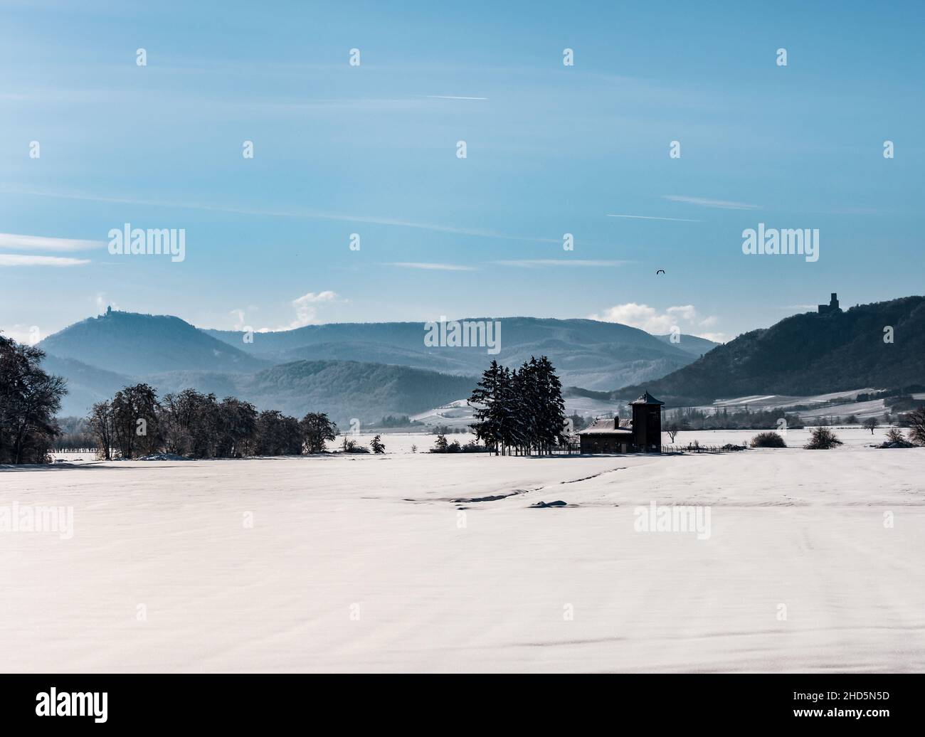 Snow-covered white fields in Alsace, top view. White desert. France ...
