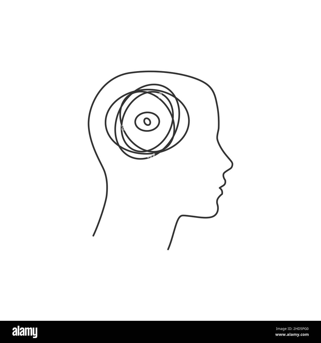 Linear head with confused brain, clew head. Problem solving concept ...