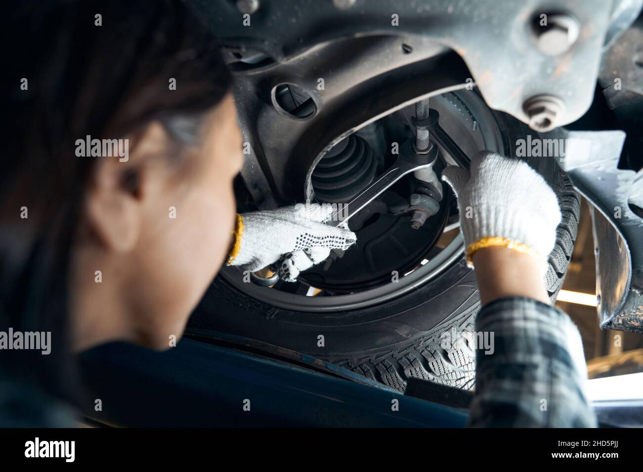 Talented mechanic tackling the task of replacing a car wheel Stock ...
