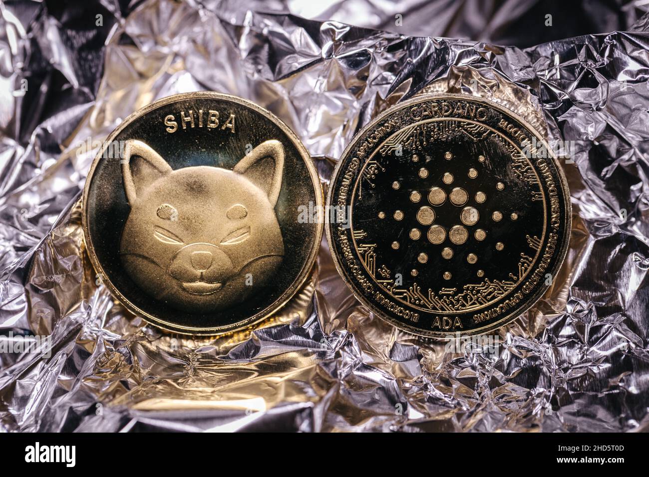 Shiba Inu and Ada cryptocurrency, physical coins in front of an ...