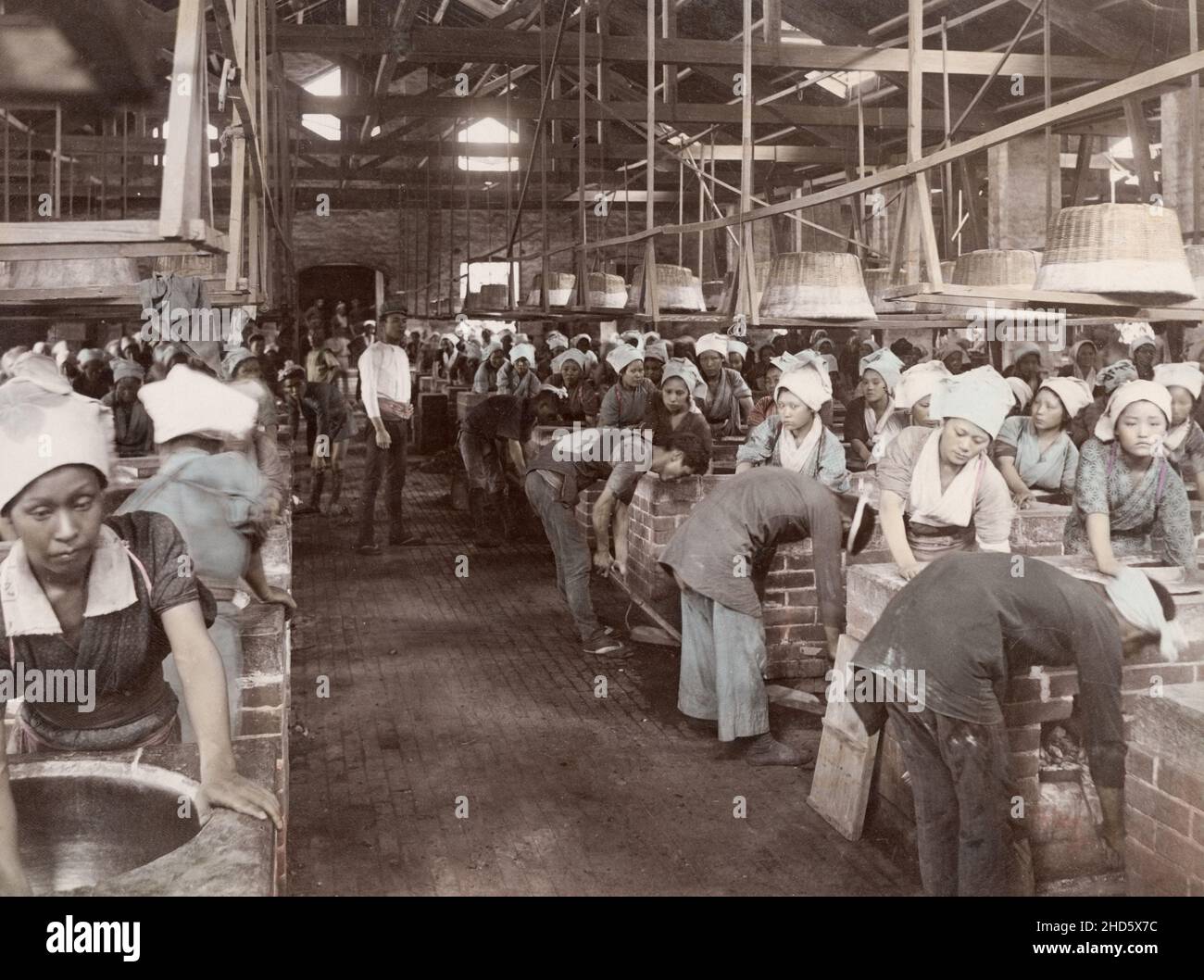 Vintage 19th century photograph: Tea factory and workers, Japan Stock ...