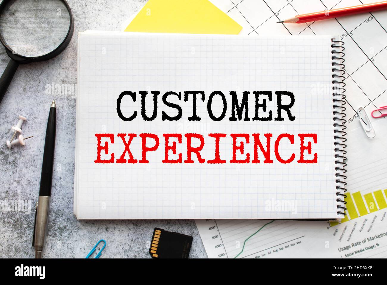 Customer Experience. text on white paper over torn paper background ...
