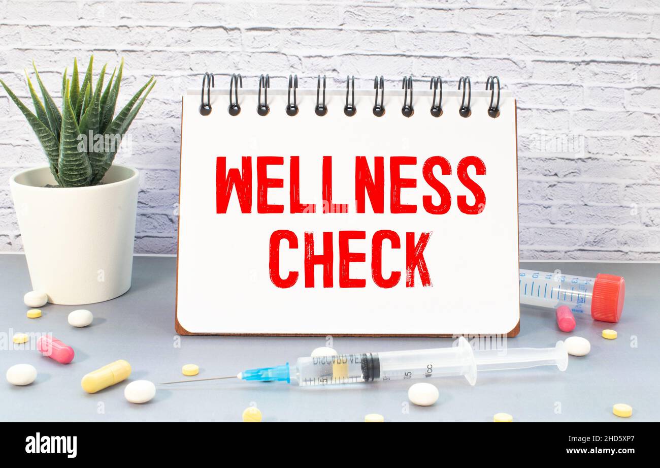 A notepad with the text WELLNESS CHECK lies on a medical clipboard with ...
