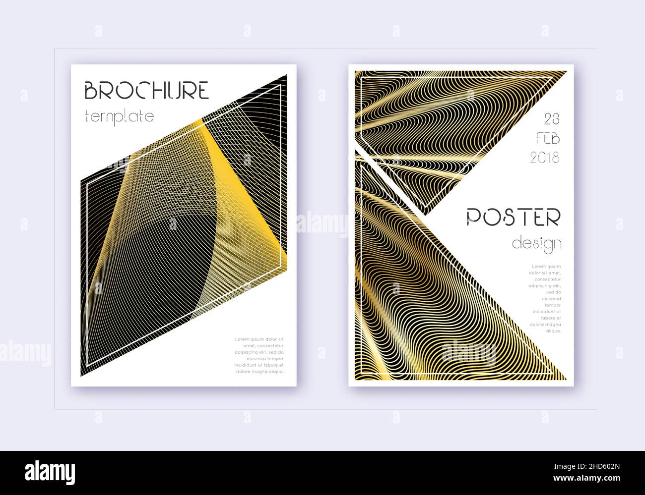 Triangle cover design template set. Gold abstract lines on black ...