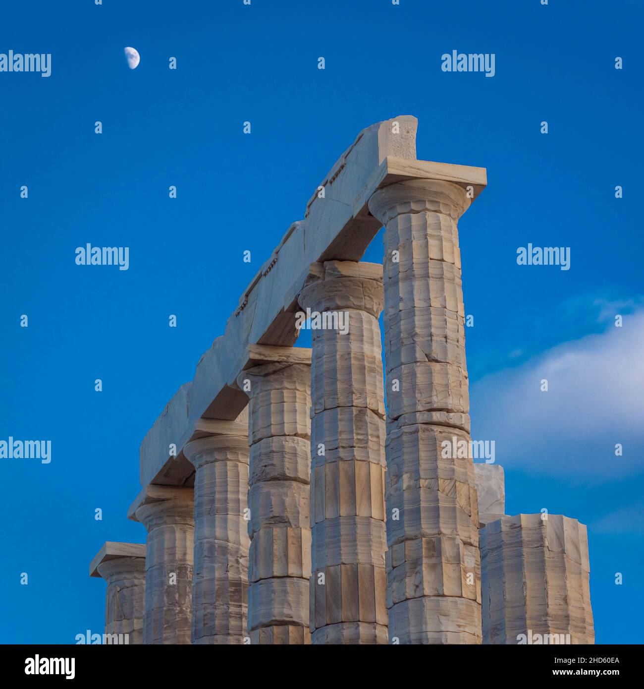 Column of the ancient greek Temple of Poseidon with the moon, Cape ...