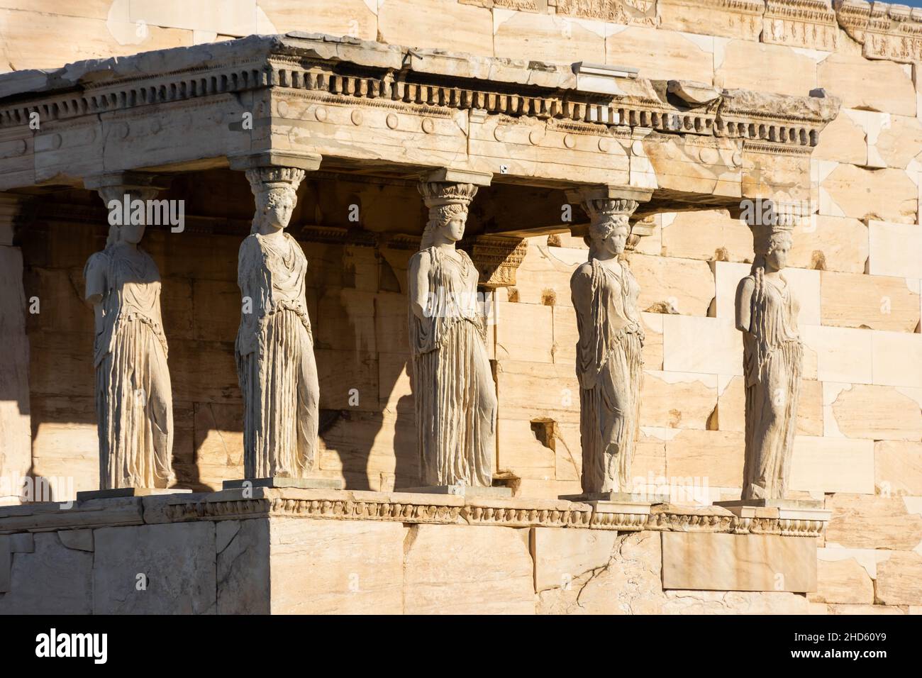 The Caryatides, female statues in the Acropolis of Athens, Greece Stock ...