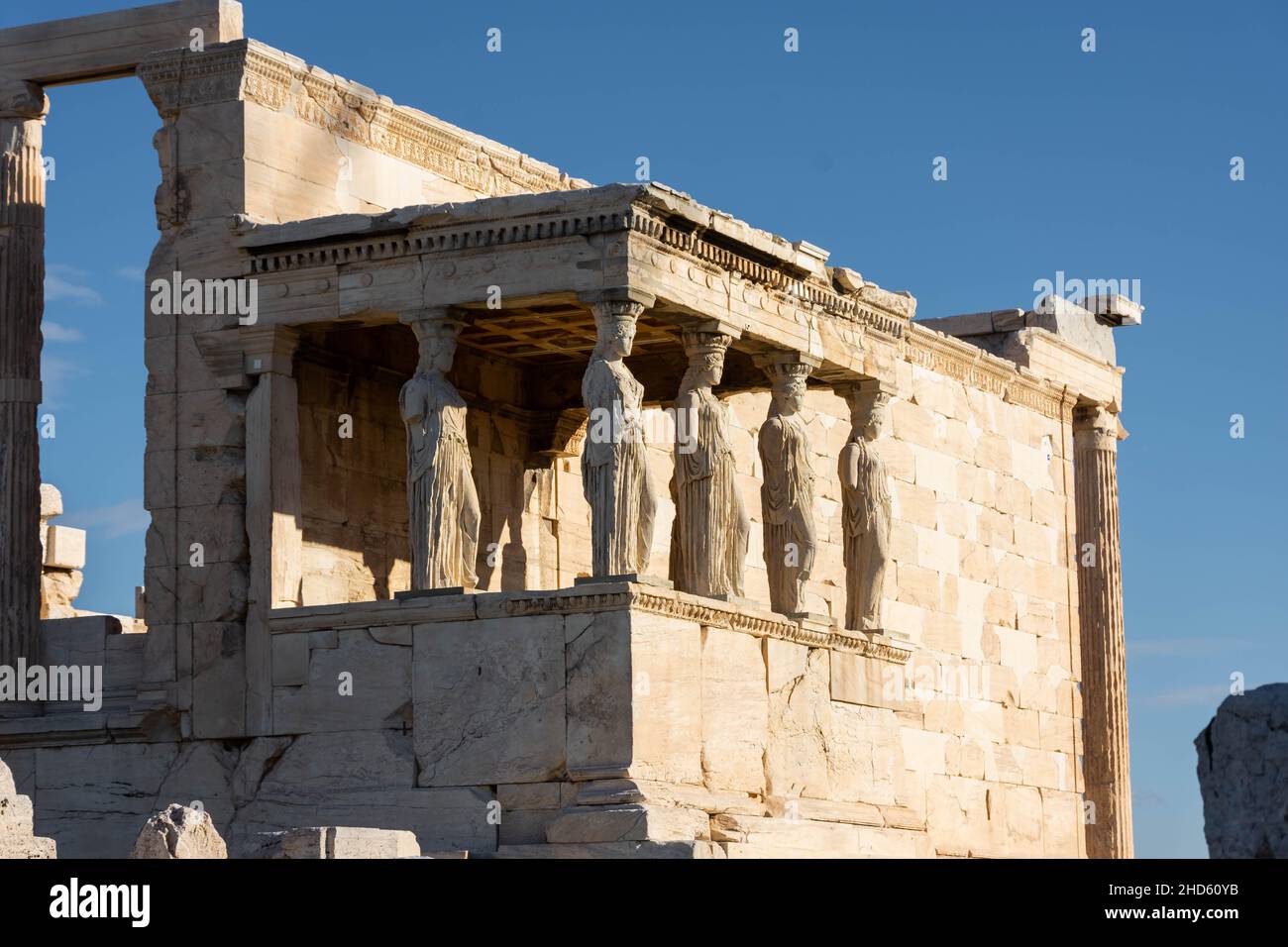 The Caryatides, female statues in the Acropolis of Athens, Greece Stock ...